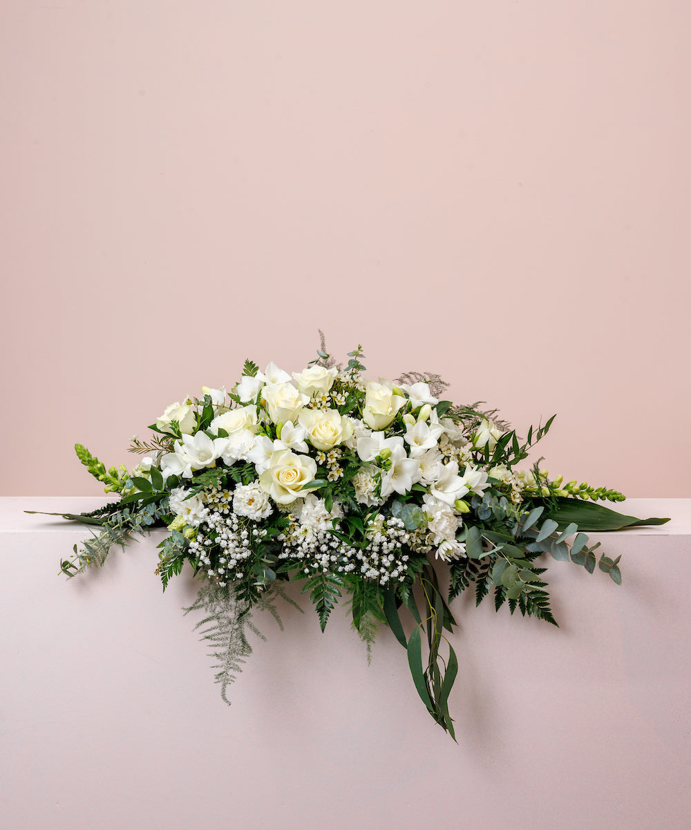 All White Funeral Altar Arrangement – Lamber De Bie Flowers